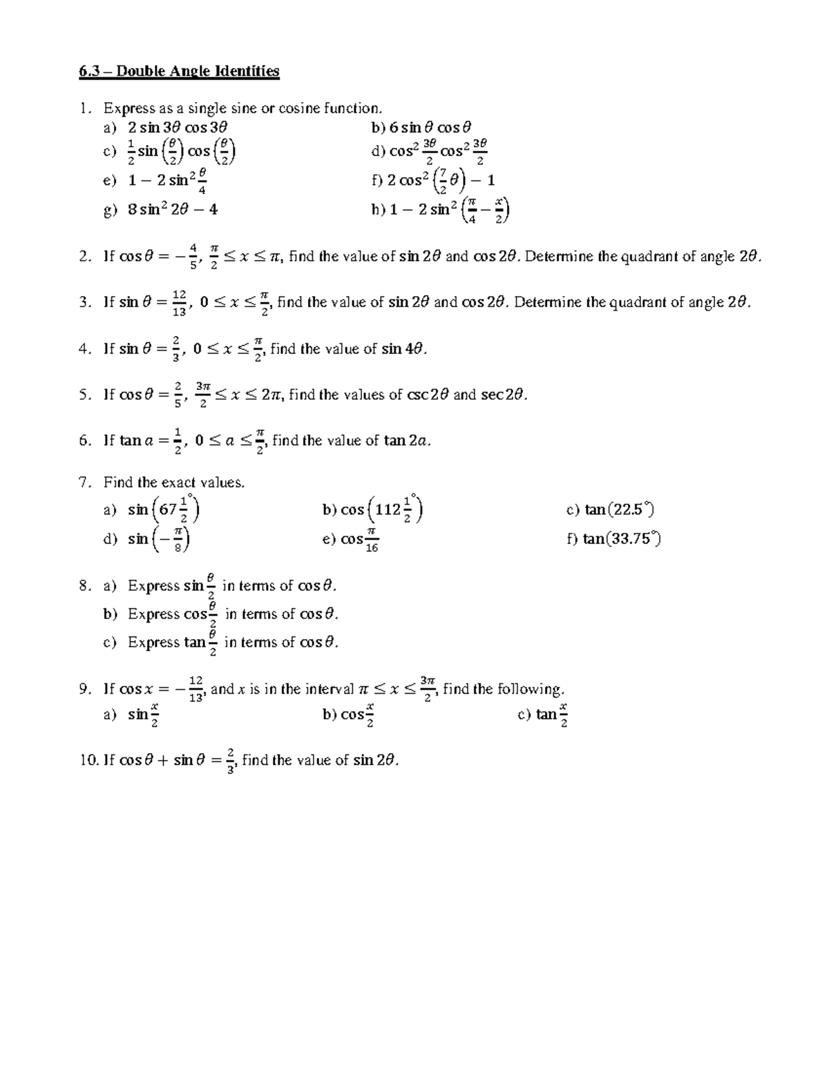Questions 6.3 - Double Angle Identities - 6 – Double Angle Identities ...