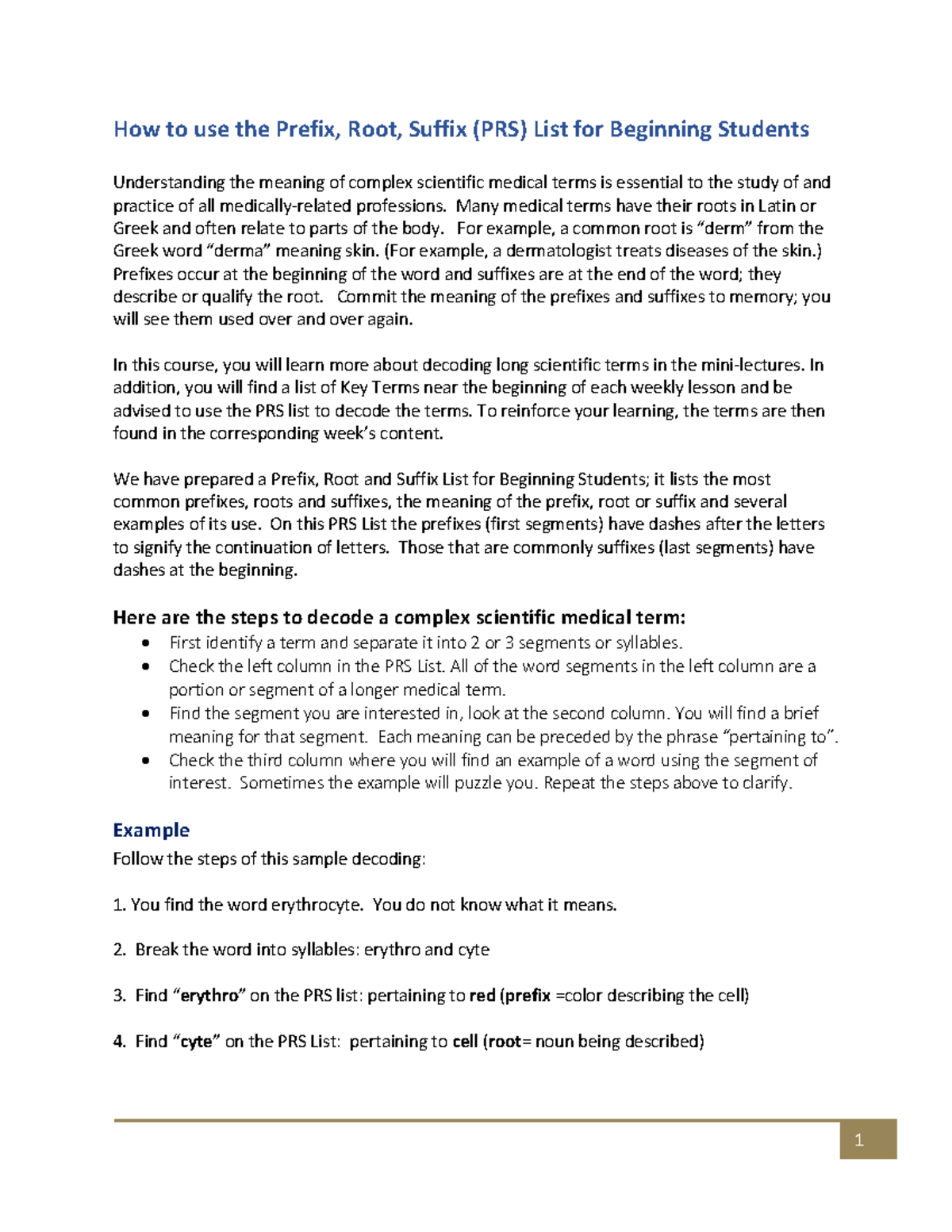 PRS list - PRS list used to decode medical term I took it from course ...