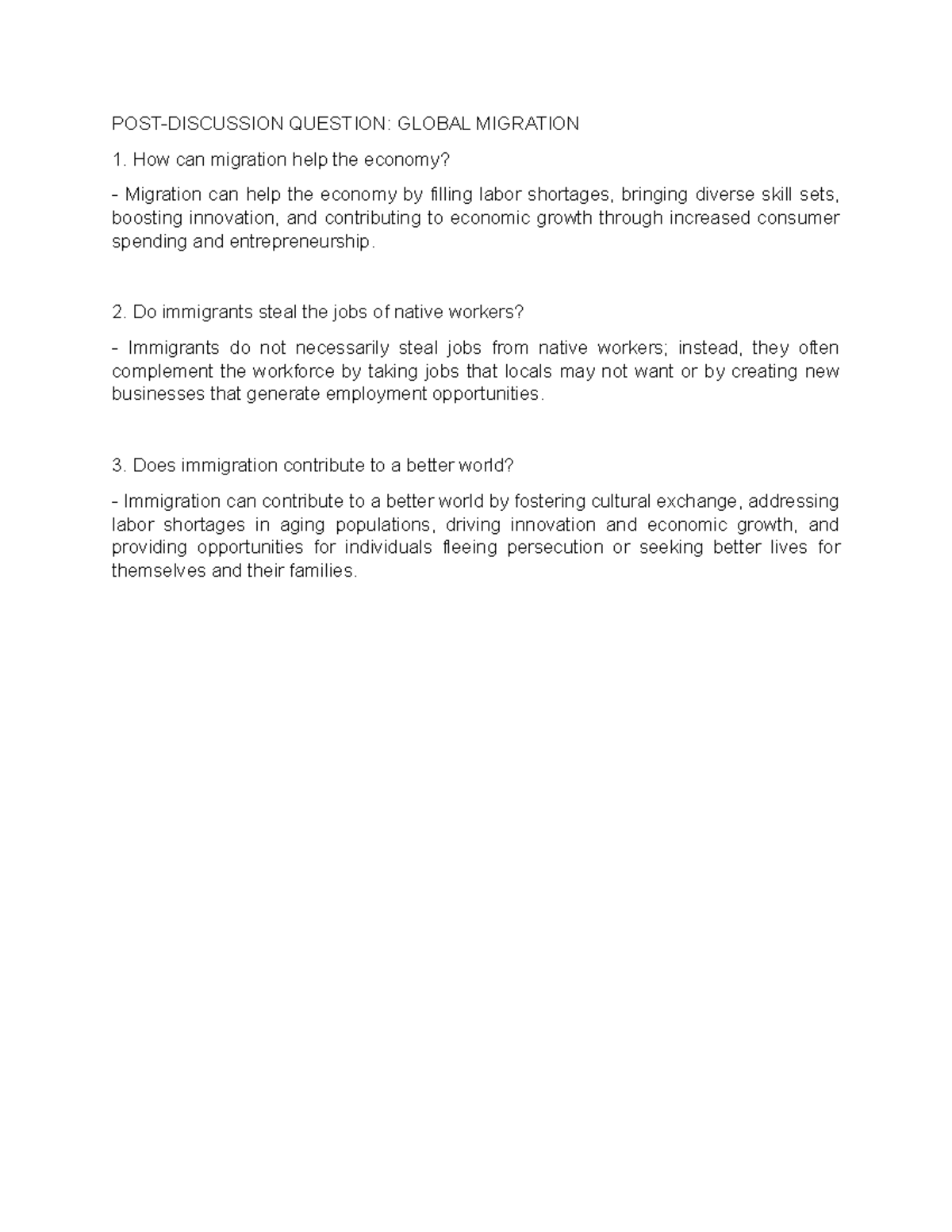 Group 5 POST Discussion Questions - POST-DISCUSSION QUESTION: GLOBAL ...