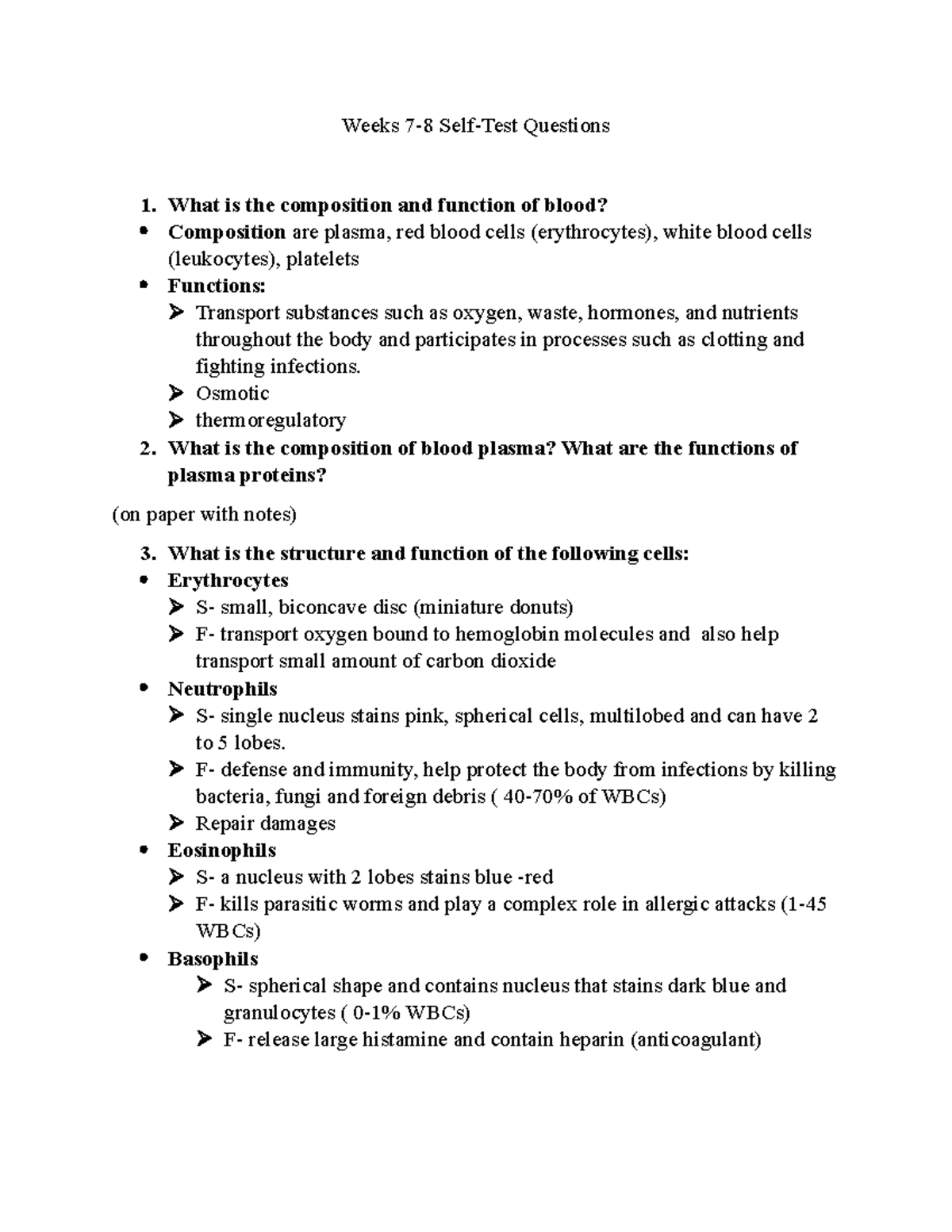 Anat Weeks 7-8 Self Test Questions - Weeks 7-8 Self-Test Questions What ...