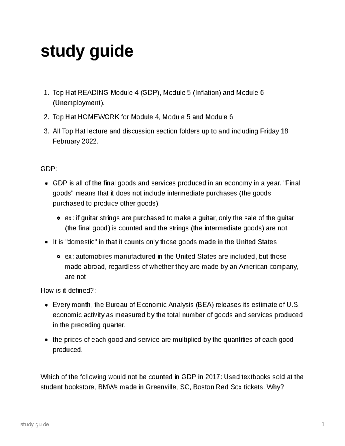 Study guide - study guide Top Hat READING Module 4 (GDP), Module 5 ...
