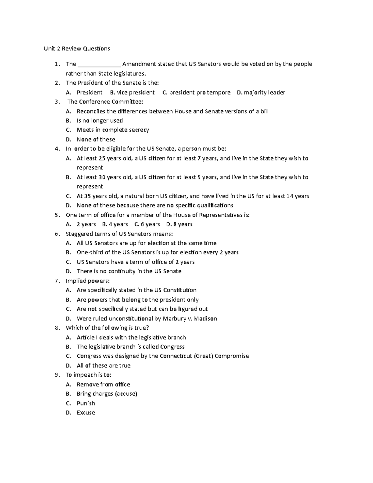 Unit 2 Review Questions-2 - Unit 2 Review Questions The ...