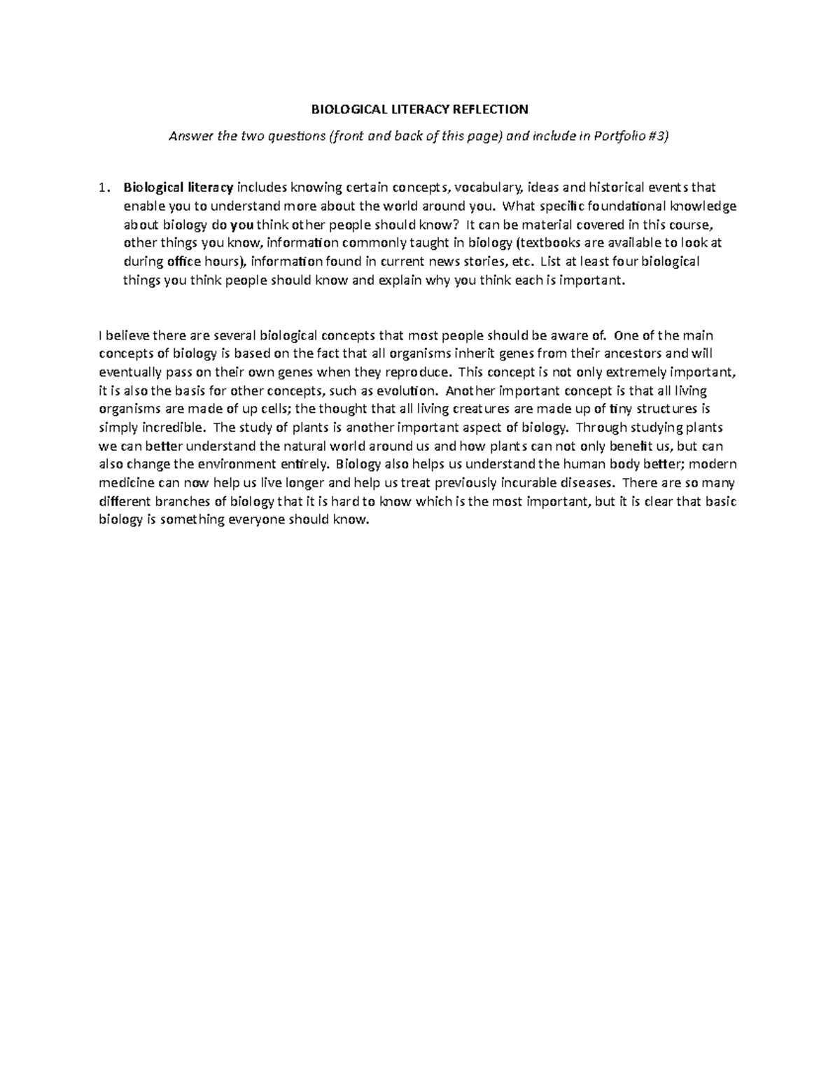 Biological Literacy - Grade: A - BIOLOGICAL LITERACY REFLECTION Answer ...