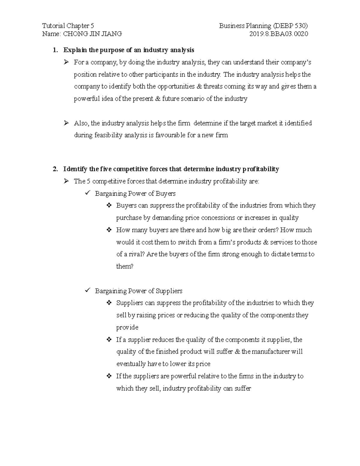 Tutorial Chapter 5 Business Planning (DEBP 530) Chong JIN Jiang 2019 .8 ...