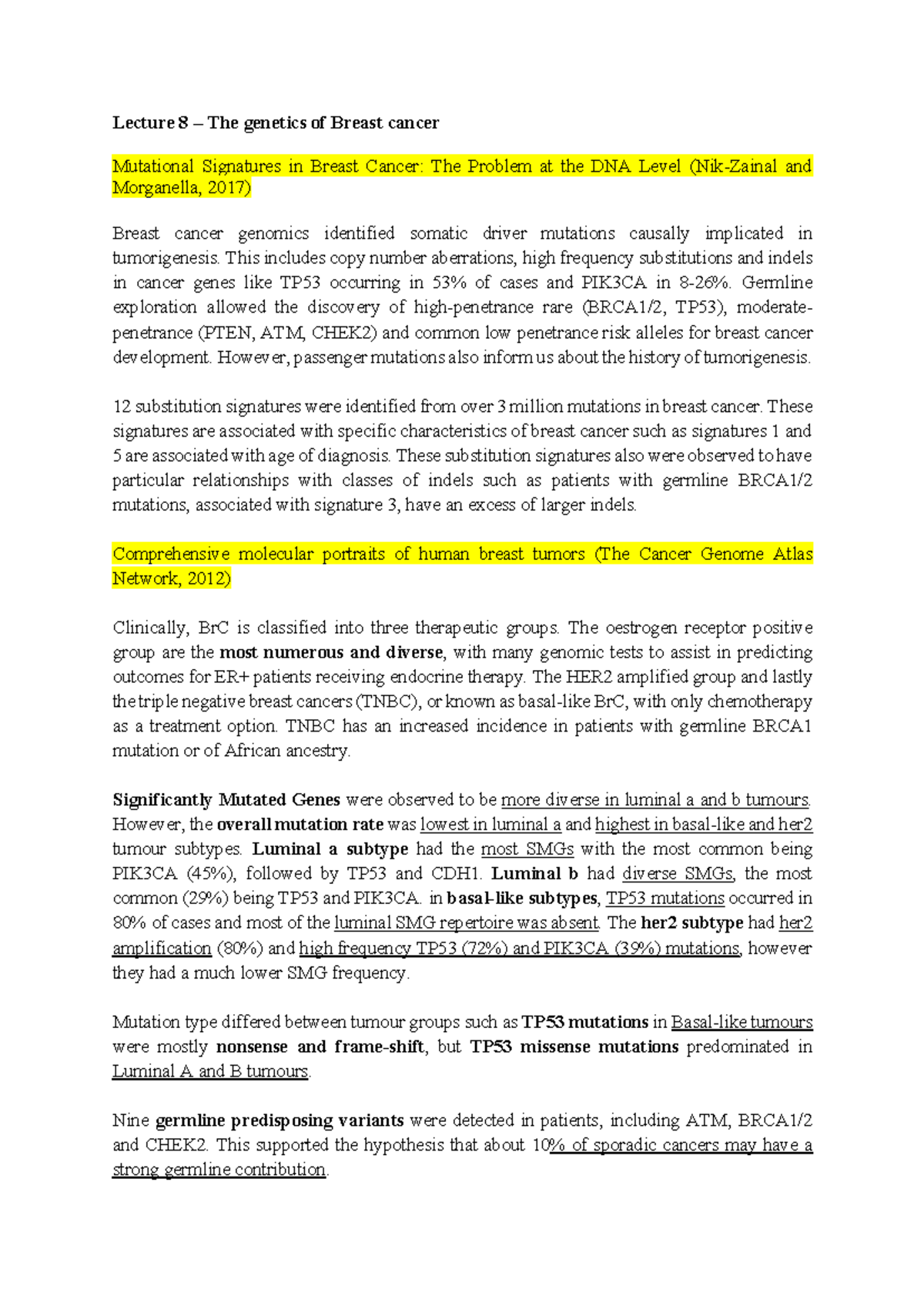 Reading notes - Lecture 8 – The genetics of Breast cancer Mutational ...