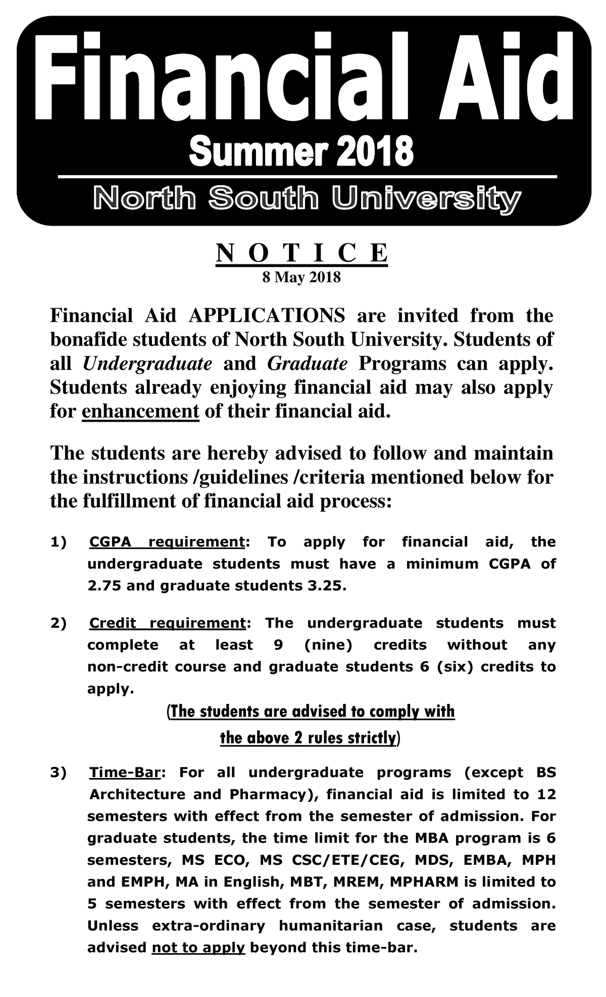 Financial Aid Notice Summer 2018 - N O T I C E 8 May 2018 Financial Aid ...