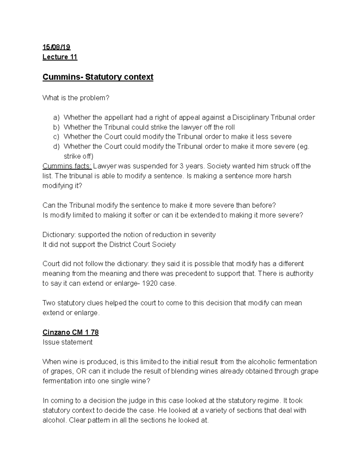 LAWS123-Lecture 11 - Statutory context - Lecture 11 Statutory context What is the problem? a) b ...