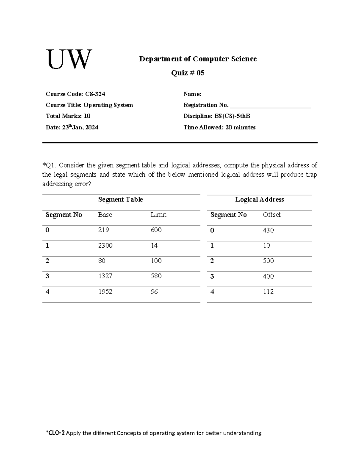 Quiz 5 - UW Department of Computer Science Quiz # 05 Course Code: CS ...