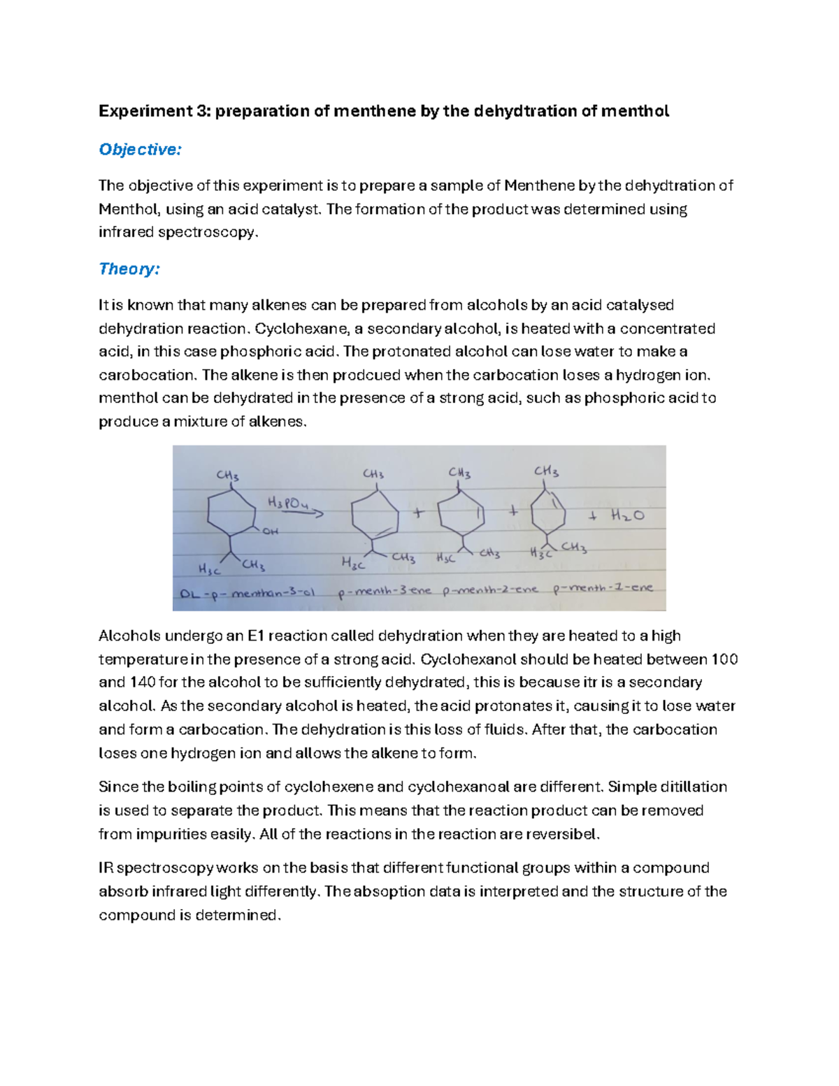 Experiment 3 preparation of menthene by the dehydtration of - The ...