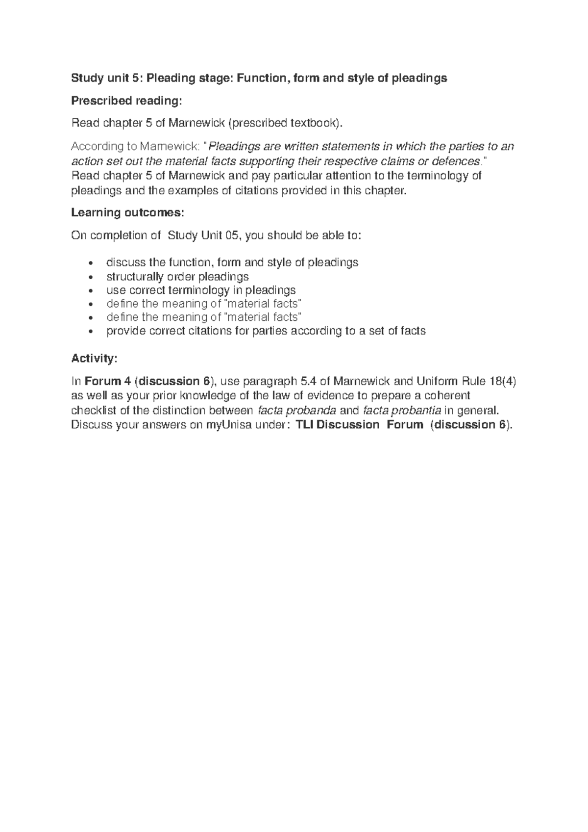 Study unit 5 Pleading stage Function, form and style of pleadings ...