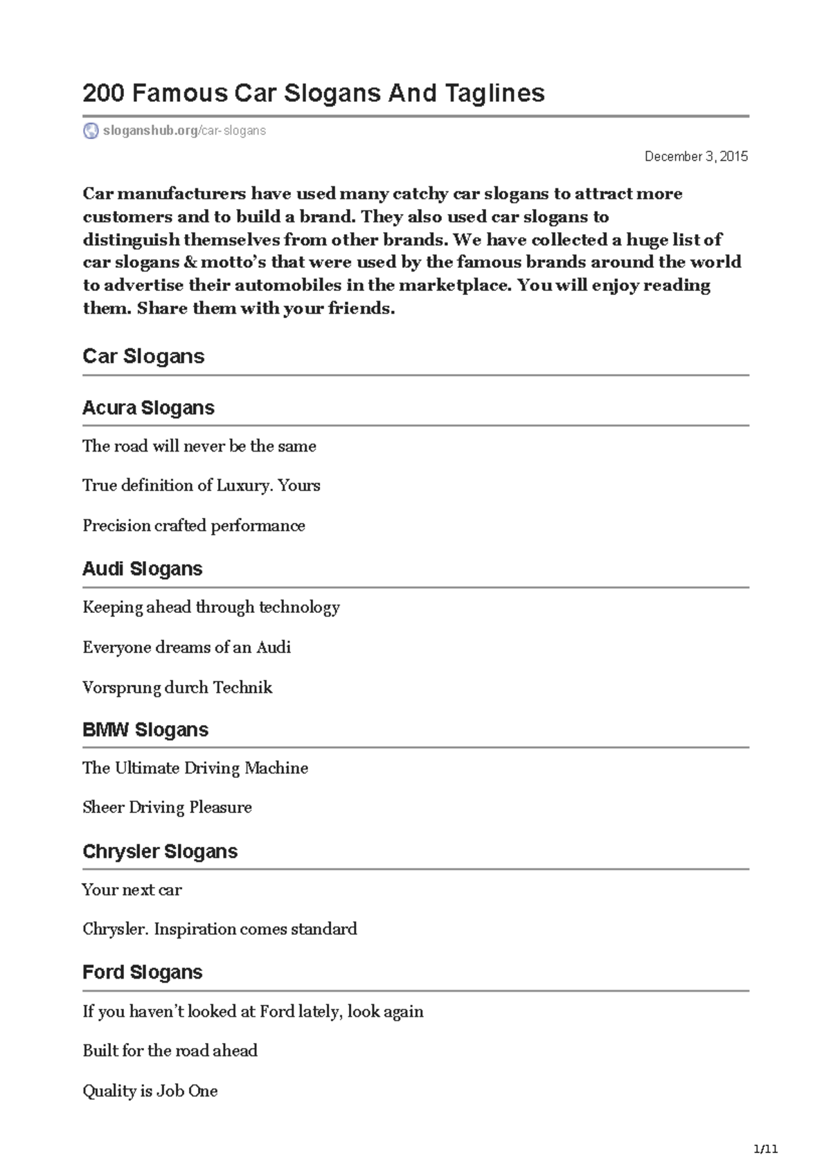 200 Famous Car Slogans - December 3, 2015 200 Famous Car Slogans And ...