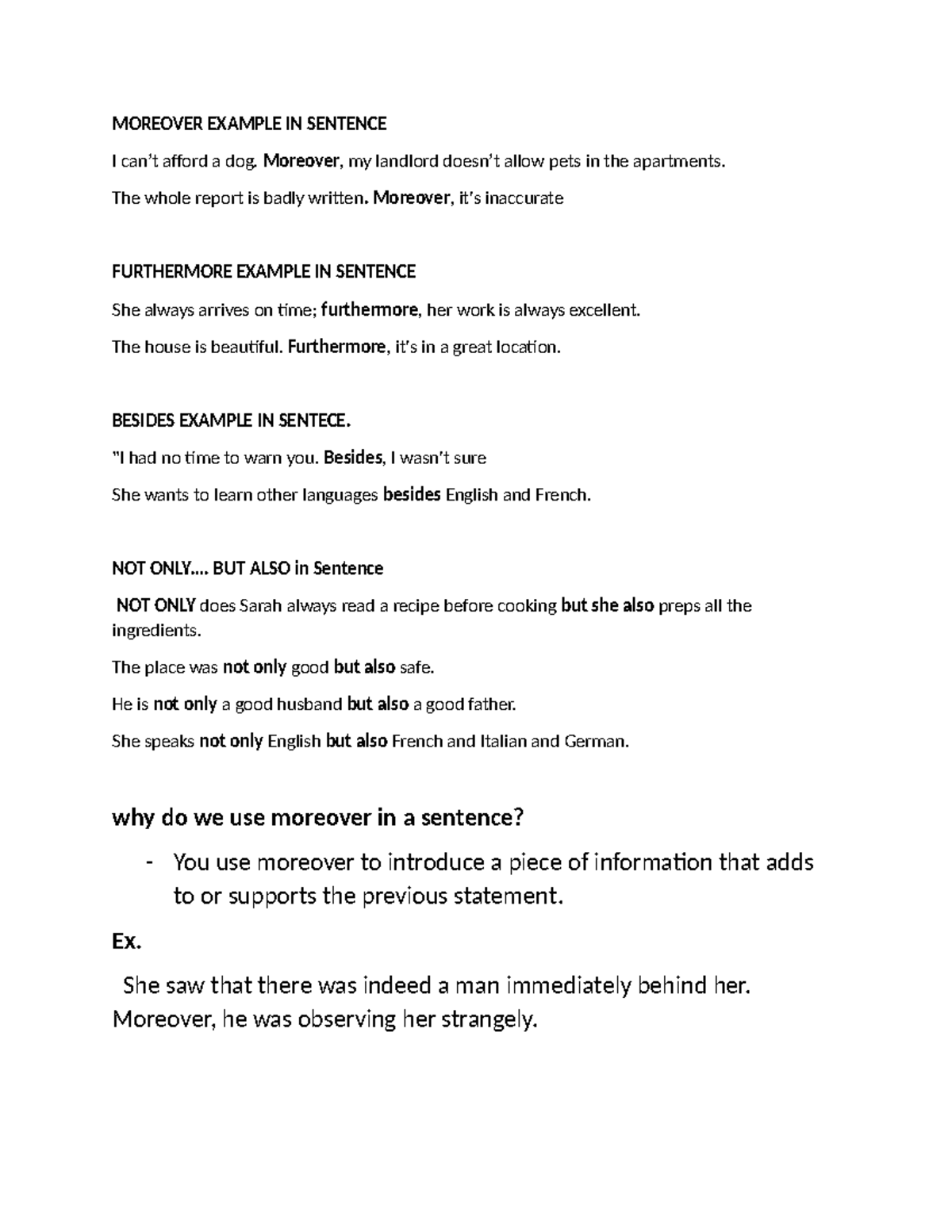 Transitional Phrases - Answer - MOREOVER EXAMPLE IN SENTENCE I can’t ...