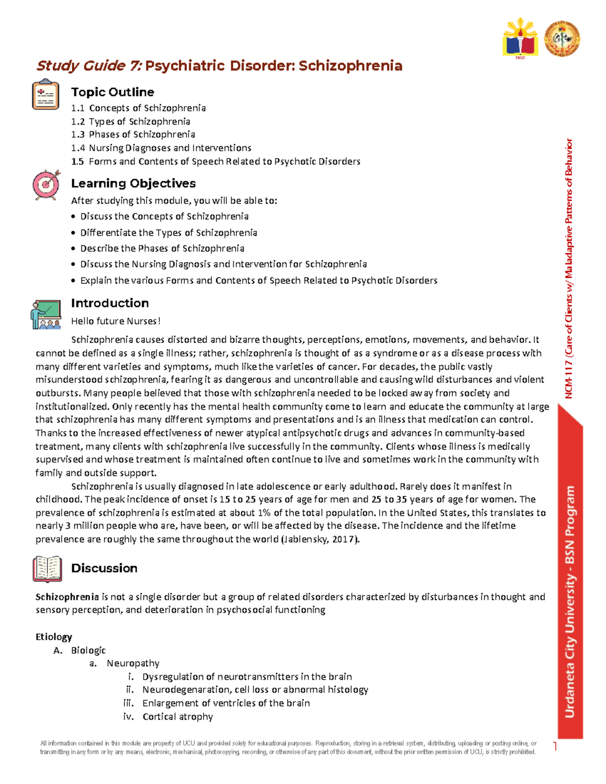 Study Guide Psych Nursing 7 - NCM-117 (Care of Clients w/ Maladaptive ...