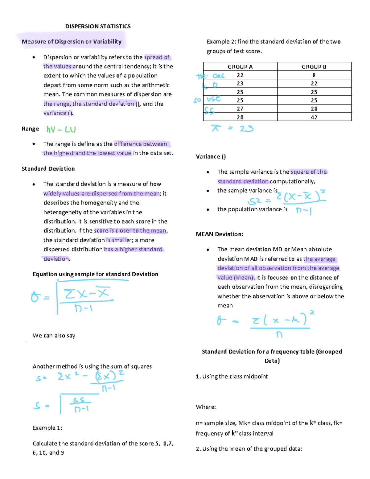 Dispersion-Statistic-Notes - DISPERSION STATISTICS Measure of ...