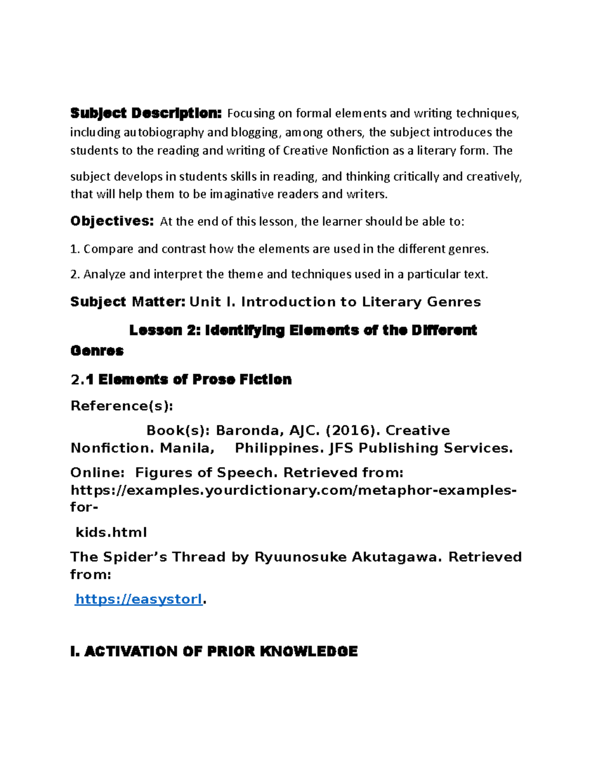 LESSON 2 - 3 LESSON PLAN.docx - Subject Description: Focusing on formal ...