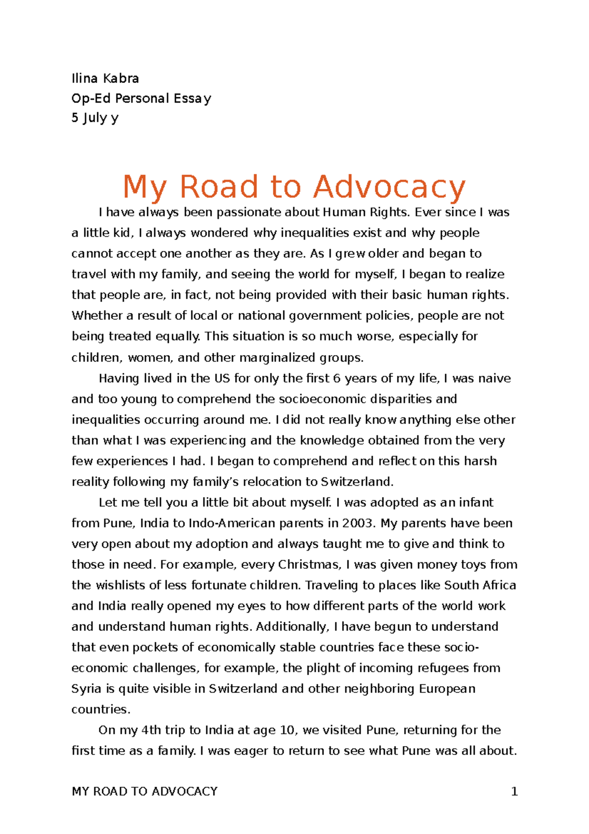 My Road to Advocacy - XYZ - Ilina Kabra Op-Ed Personal Essay 5 July y ...