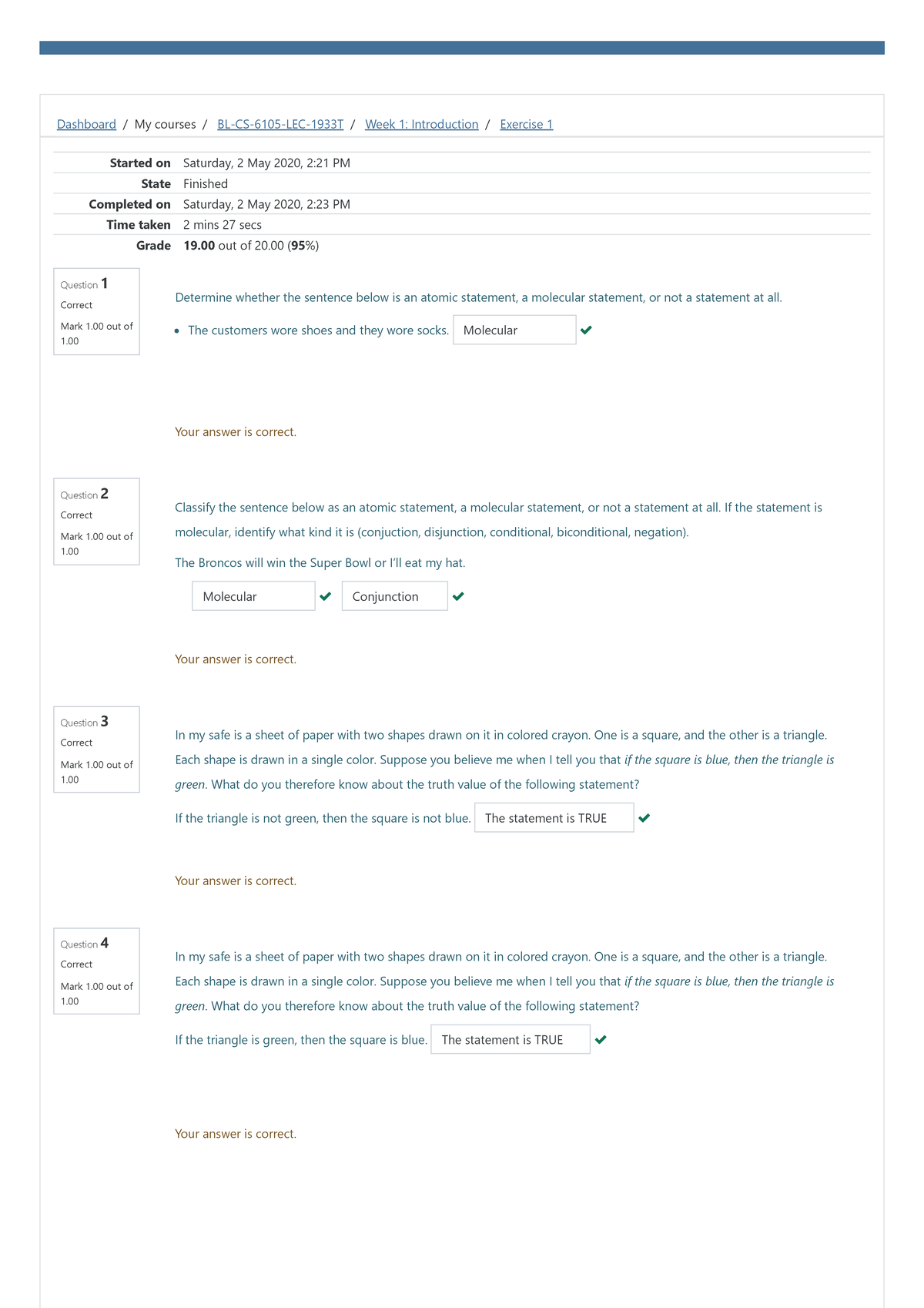 Exercise 1 Attempt review - Dashboard / My courses / BL-CS-6105-LEC ...