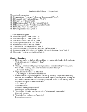 Ch16 - practice questions - Weiss, Essentials of Nursing Leadership and ...