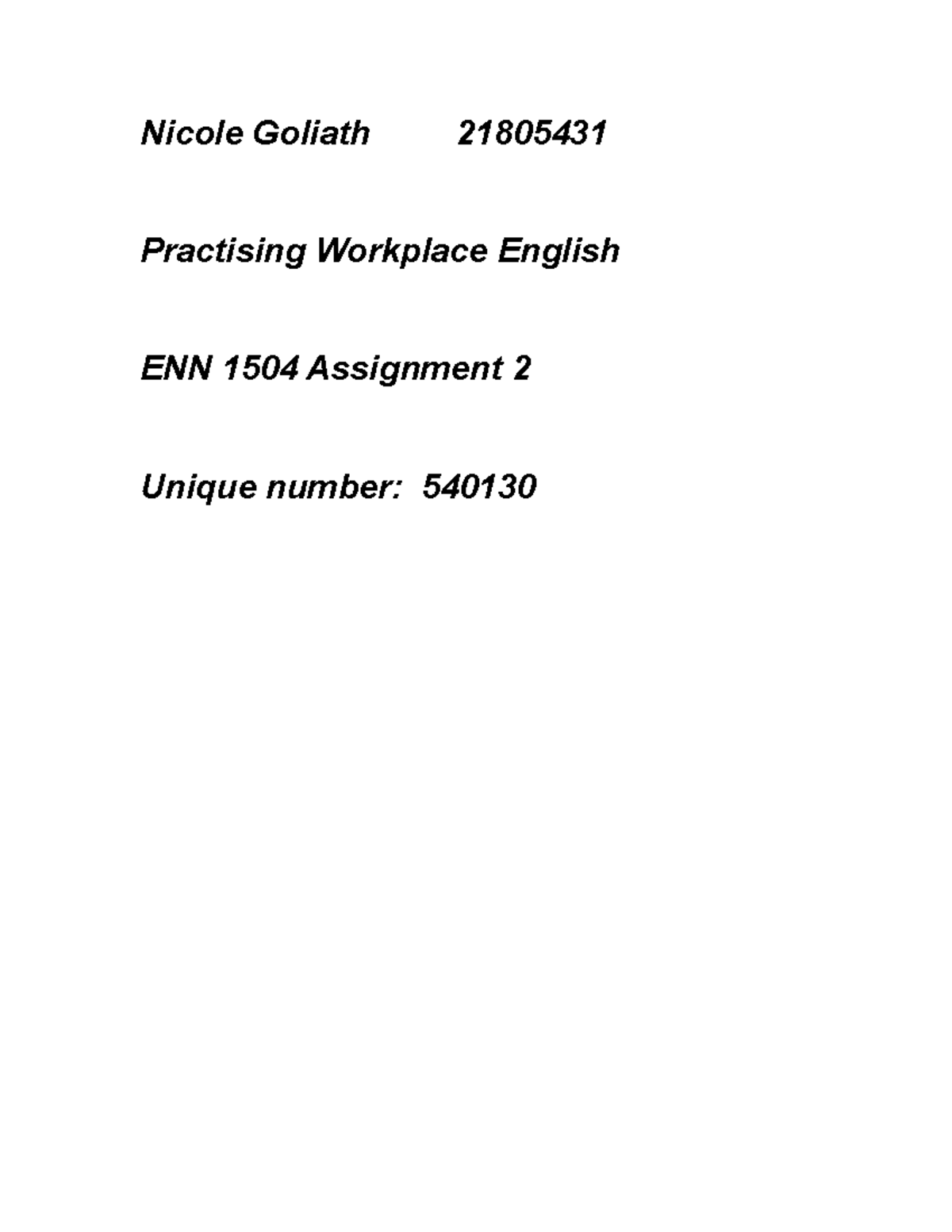 ENN1504 Ass2 - Practice English Workplace ASS2 - Nicole Goliath ...