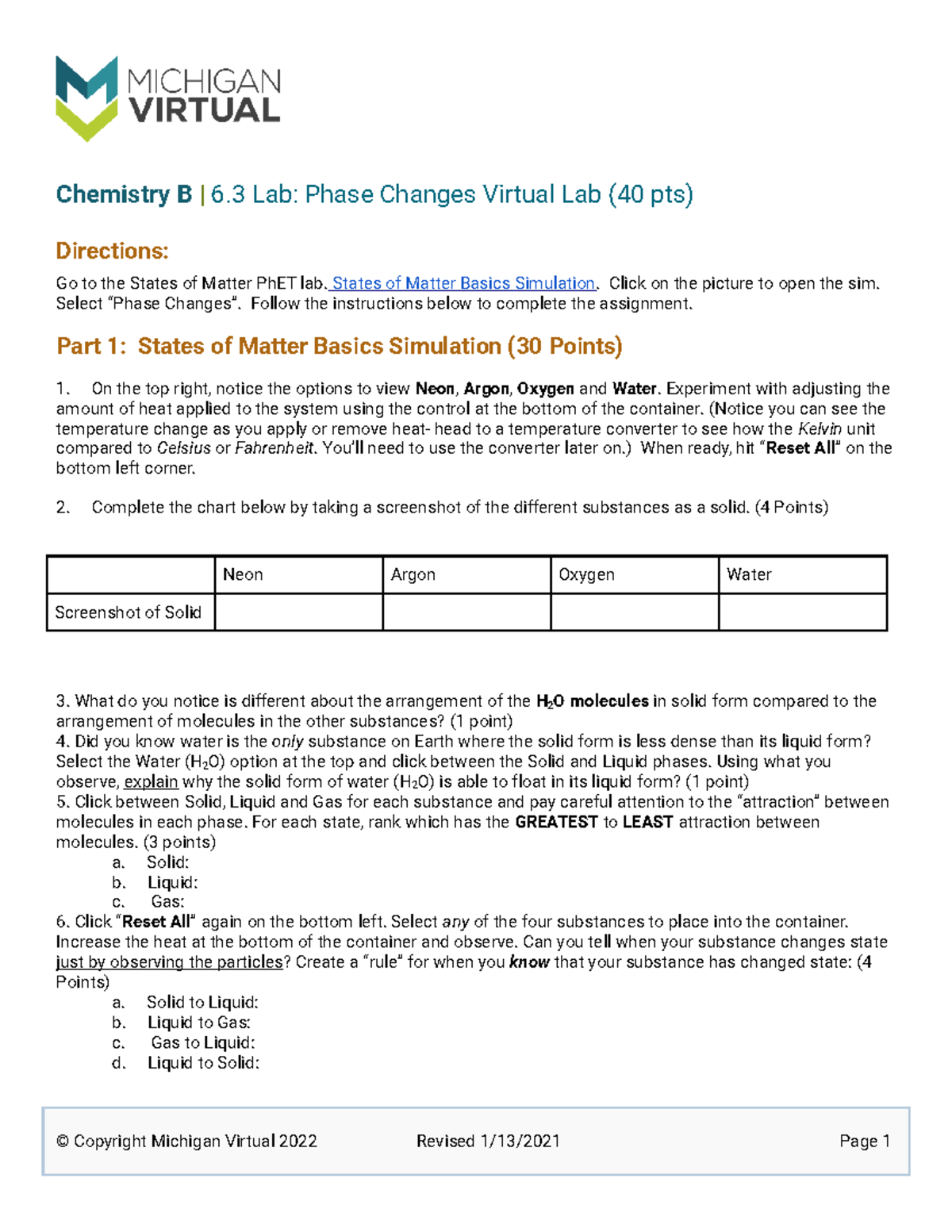 Chemistry B 6.3 Lab Phase Change - Chemistry B | 6 Lab: Phase Changes ...