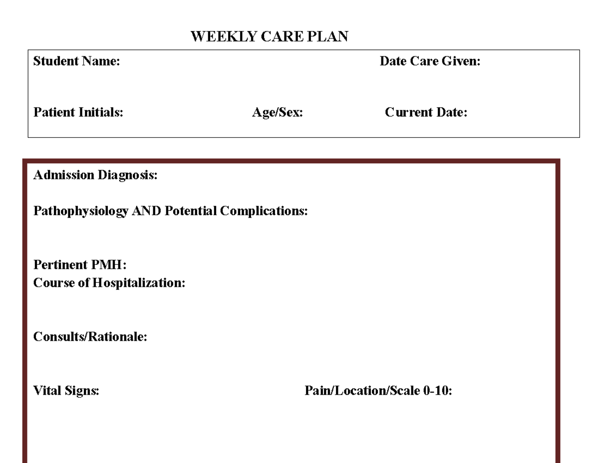 Weekly care plan(1) - WEEKLY CARE PLAN Student Name: Date Care Given ...