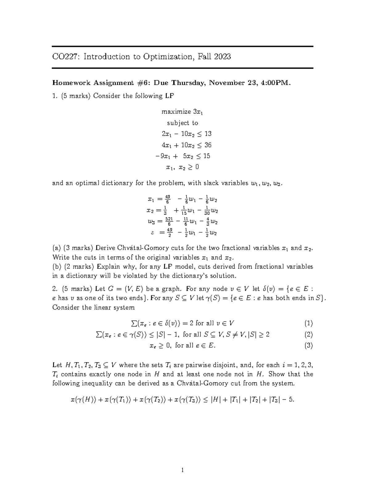 Co227 hw6 - homework - CO227: Introduction to Optimization, Fall 2023 Homework Assignment #6 ...