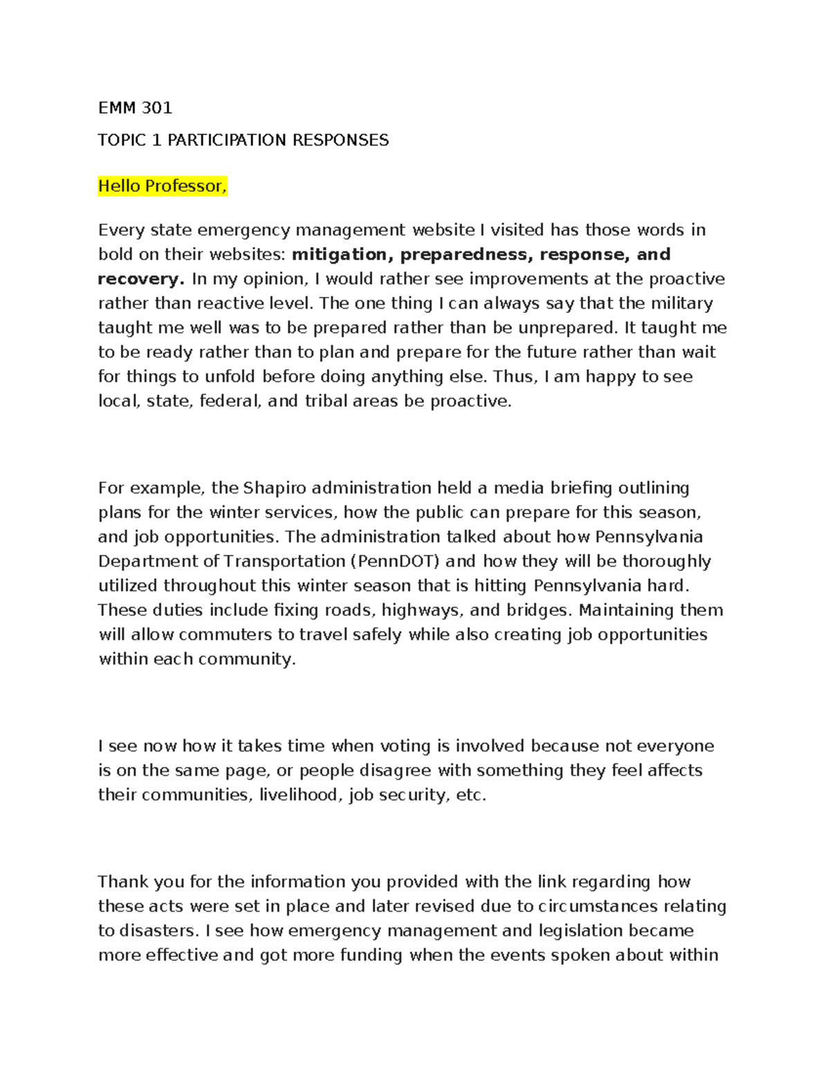 EMM 301 Topic 1 Participation - EMM 301 TOPIC 1 PARTICIPATION RESPONSES ...