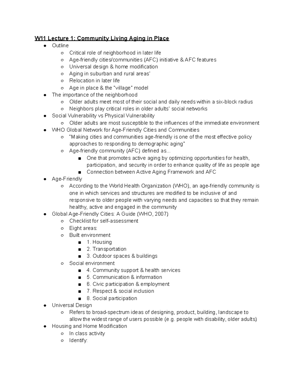Week 11 Notes - Professor Yi Wang - W11 Lecture 1: Community Living ...