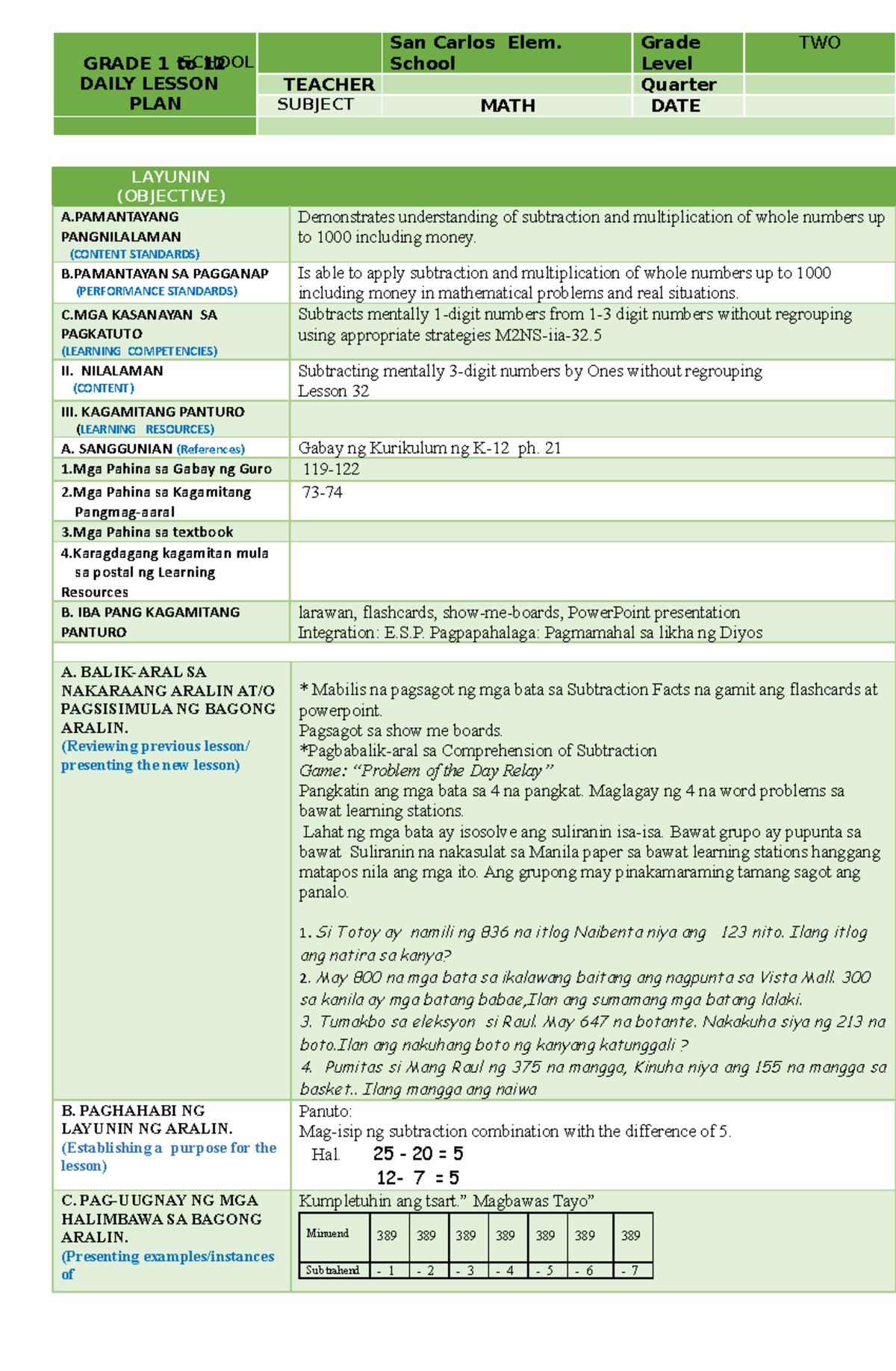 MATH 2-COT-2Q Sample - so nice - GRADE 1 to 12 DAILY LESSON PLAN SCHOOL ...