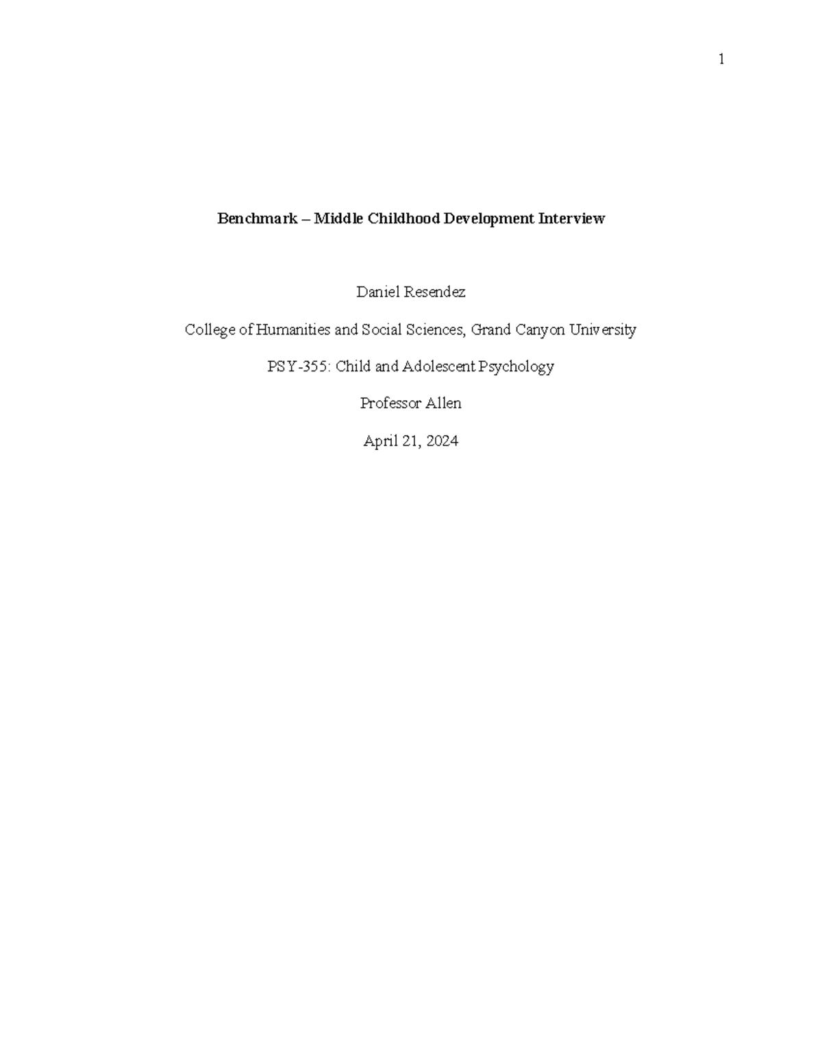 Benchmark - Middle Childhood Development Interview - Benchmark – Middle Childhood Development ...