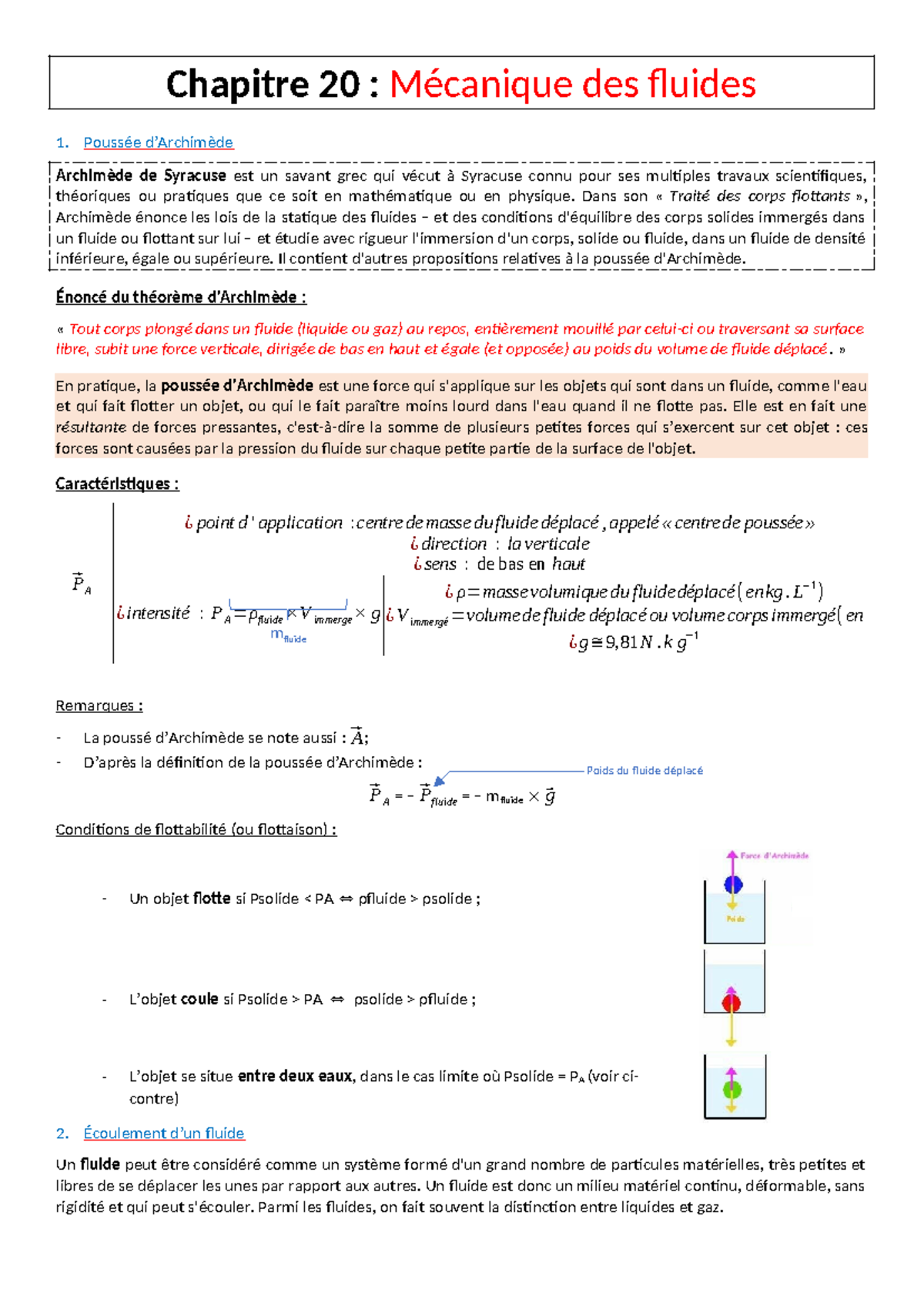 Mecanique des fluides - Chapitre 20 : Mécanique des fluides ####### 1. Poussée d’Archimède ...