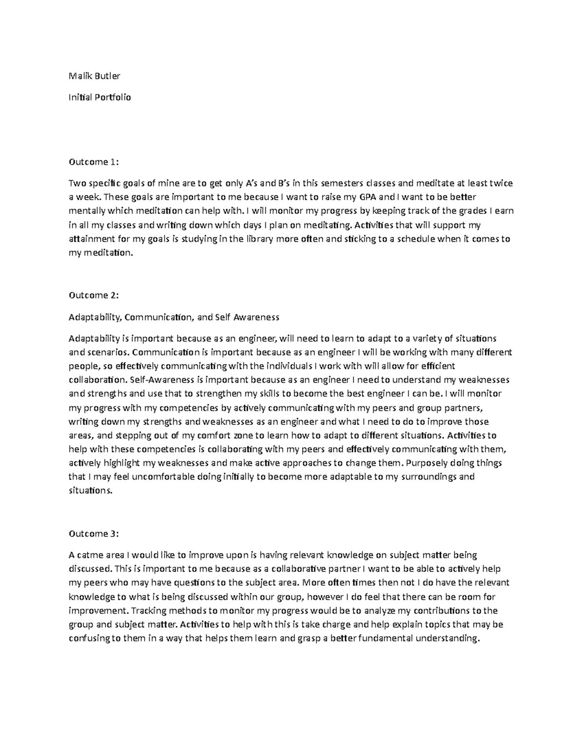 Initial Portfolio - Malik Butler Initial Portfolio Outcome 1: Two ...