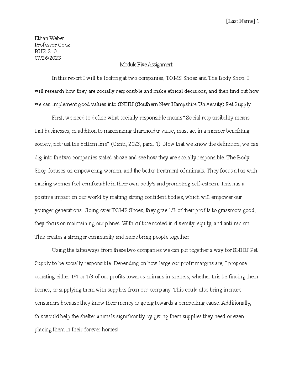 Module five assignment - [Last Name] 1 Ethan Weber Professor Cook BUS ...