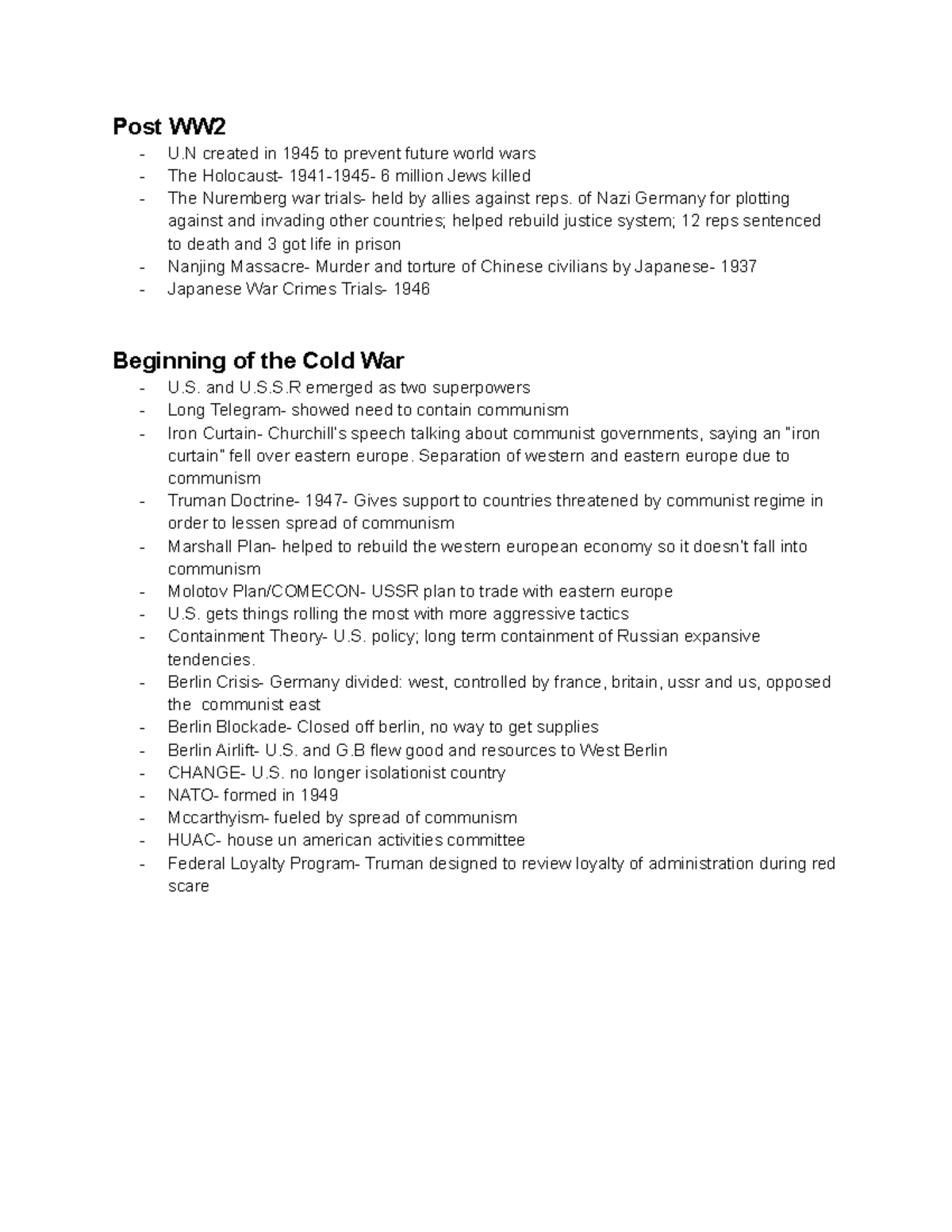 Post WW2 and Cold War Notes - Post WW U created in 1945 to prevent ...
