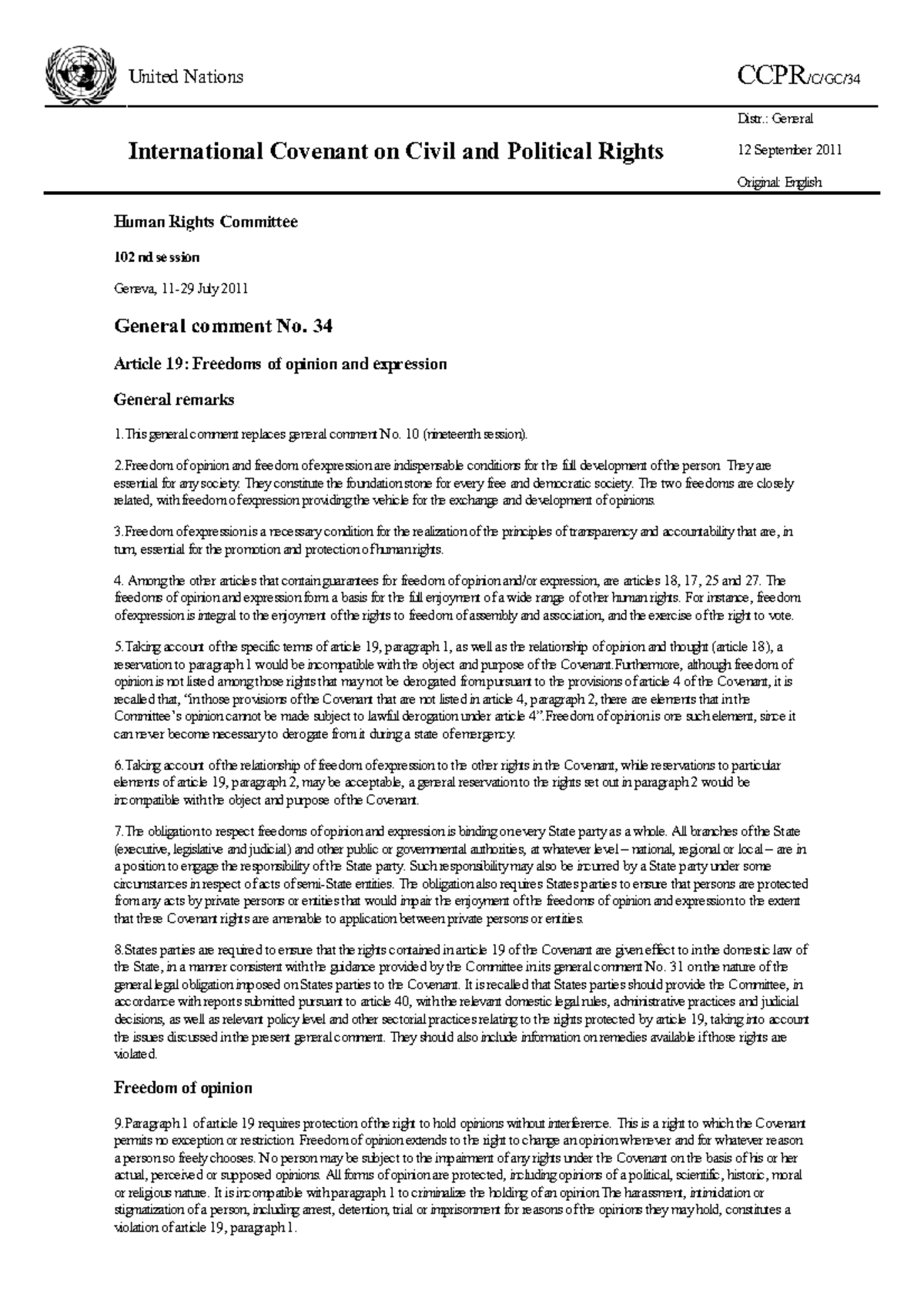 General Comment No 34 freedom of opinion and expression - United ...