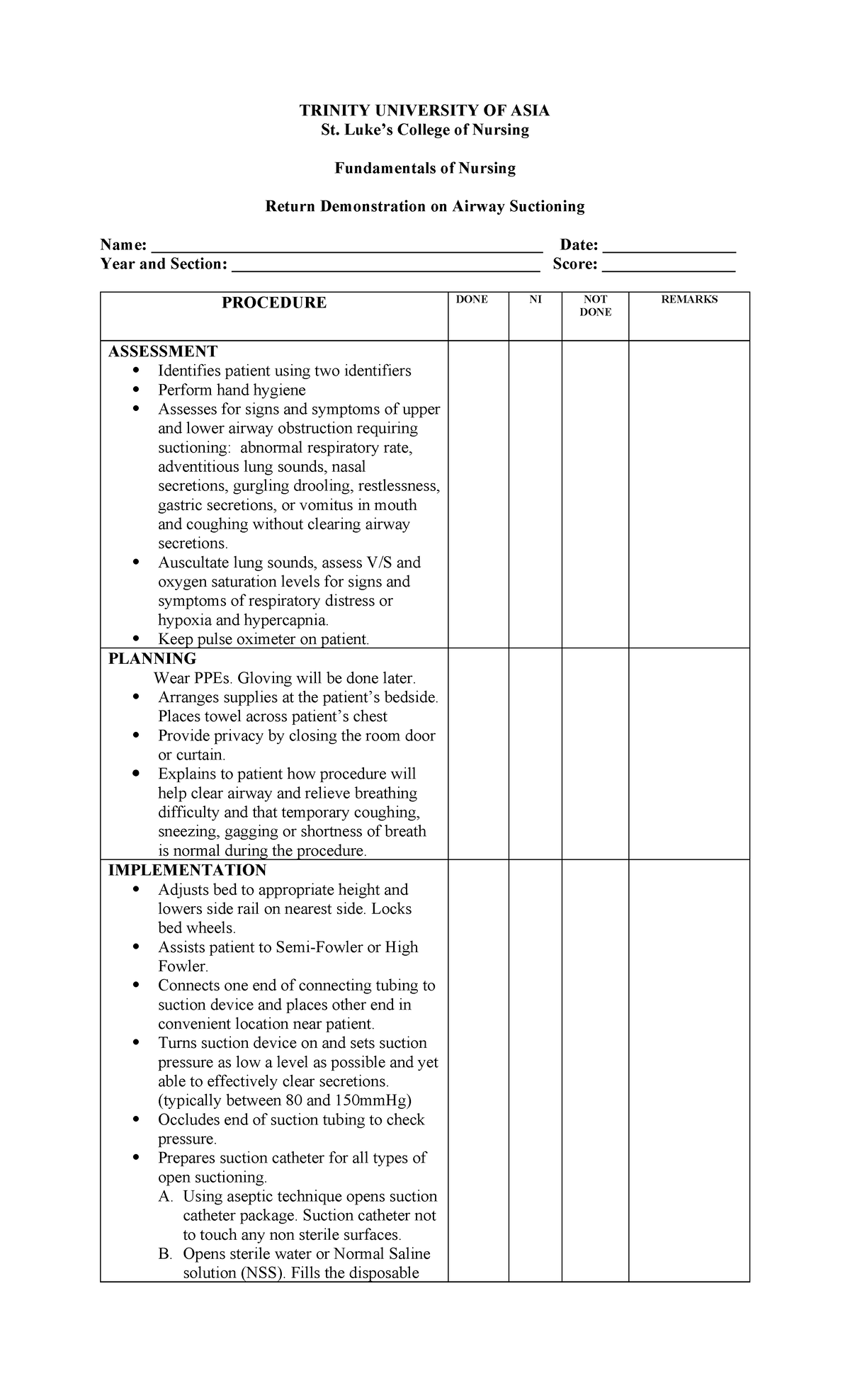 Suctioning-Checklist-2024 3 - TRINITY UNIVERSITY OF ASIA St. Luke’s ...