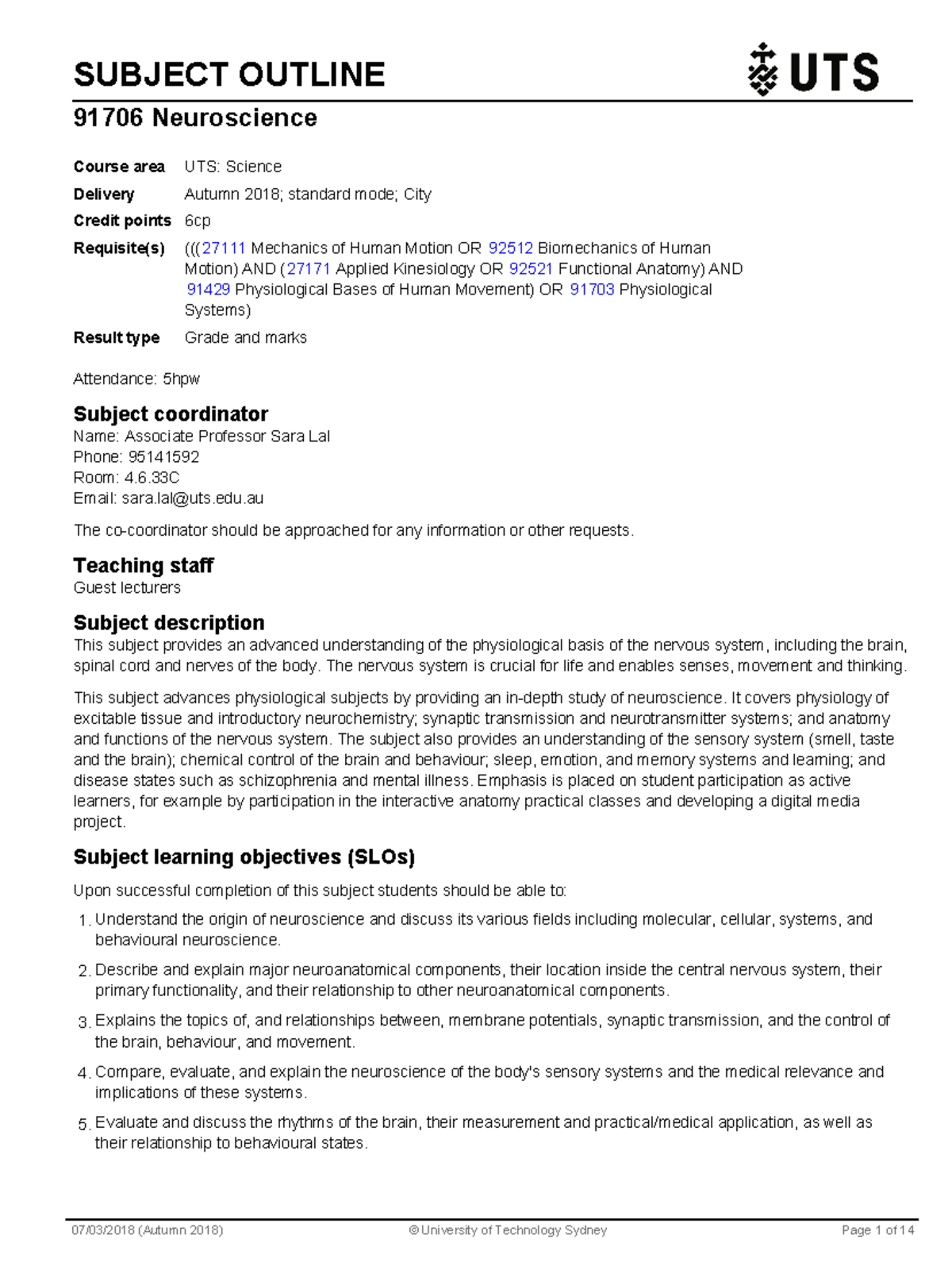 Subject outline - SUBJECT OUTLINE 91706 Neuroscience Course area UTS ...