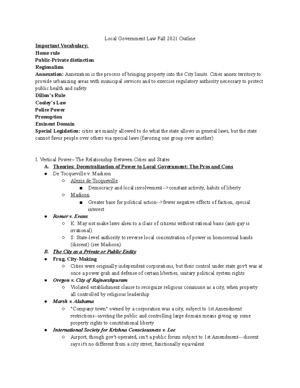 Local Government Outline (Fall 2021) - Local Government Law Fall 2021 ...