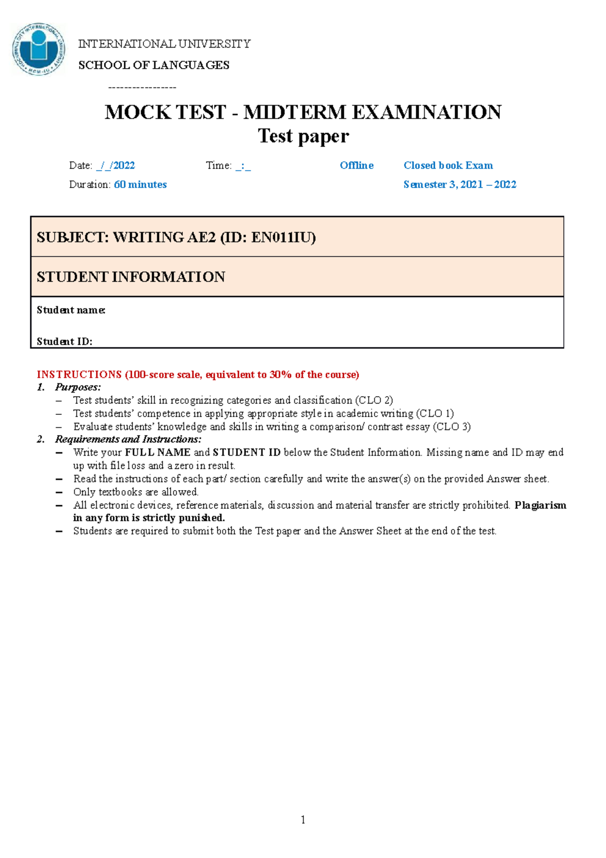 AE2 Writing Midterm - Mock test - INTERNATIONAL UNIVERSITY SCHOOL OF ...