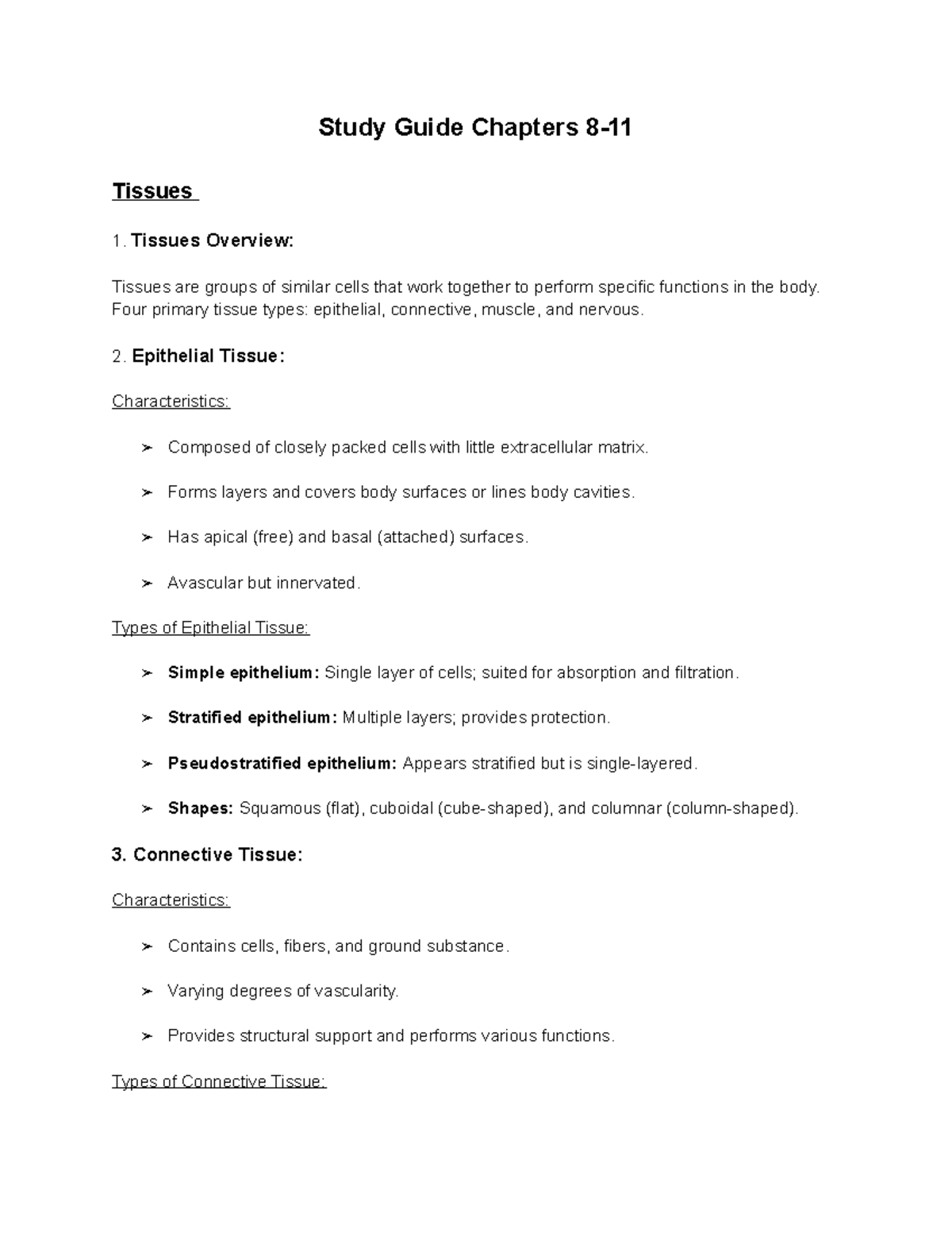 Study Guide Chapters 8-11 - Study Guide Chapters 8- Tissues 1. Tissues ...