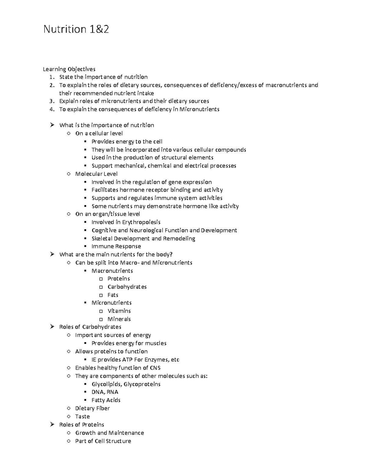 Basic Nutrition Note Learning Objectives 1 State The Importance Of