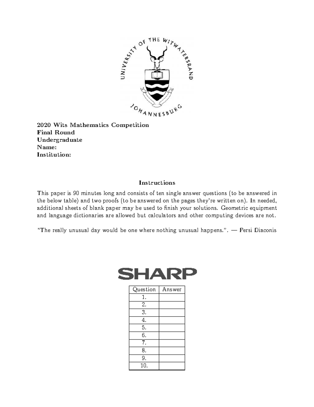 WMC 2020 UGFR - test - 2020 Wits Mathematics Competition Final Round ...