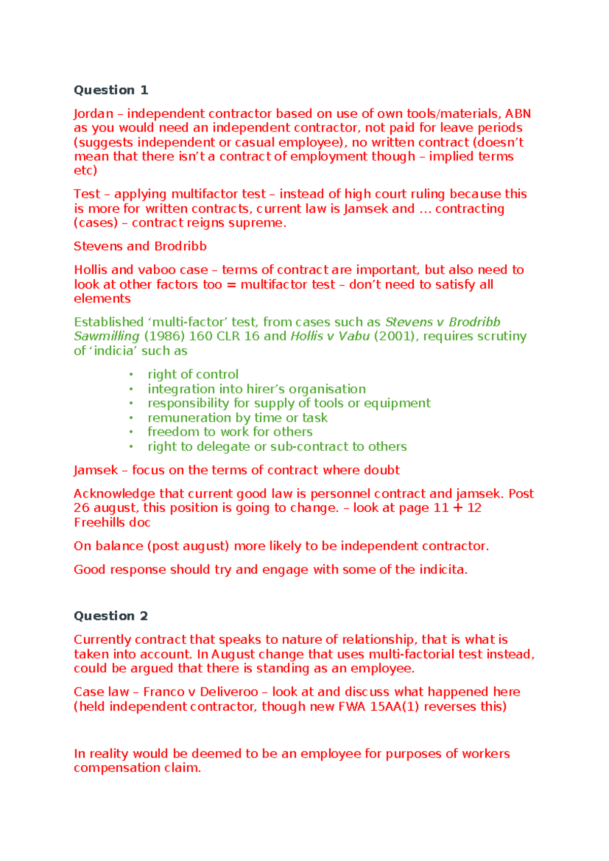 Week 1 tutorial - Question 1 Jordan – independent contractor based on ...