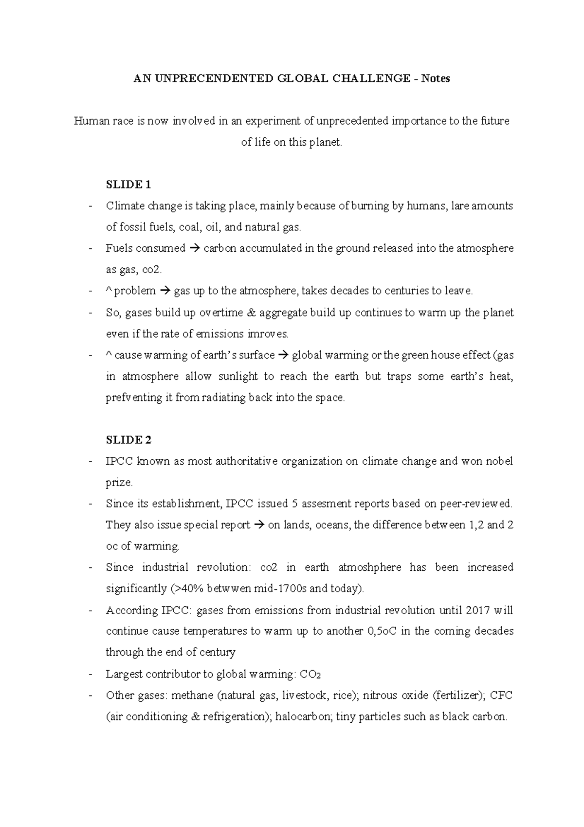 Global Issues - An Unprecendented Global Challenge Notes 1 - AN ...