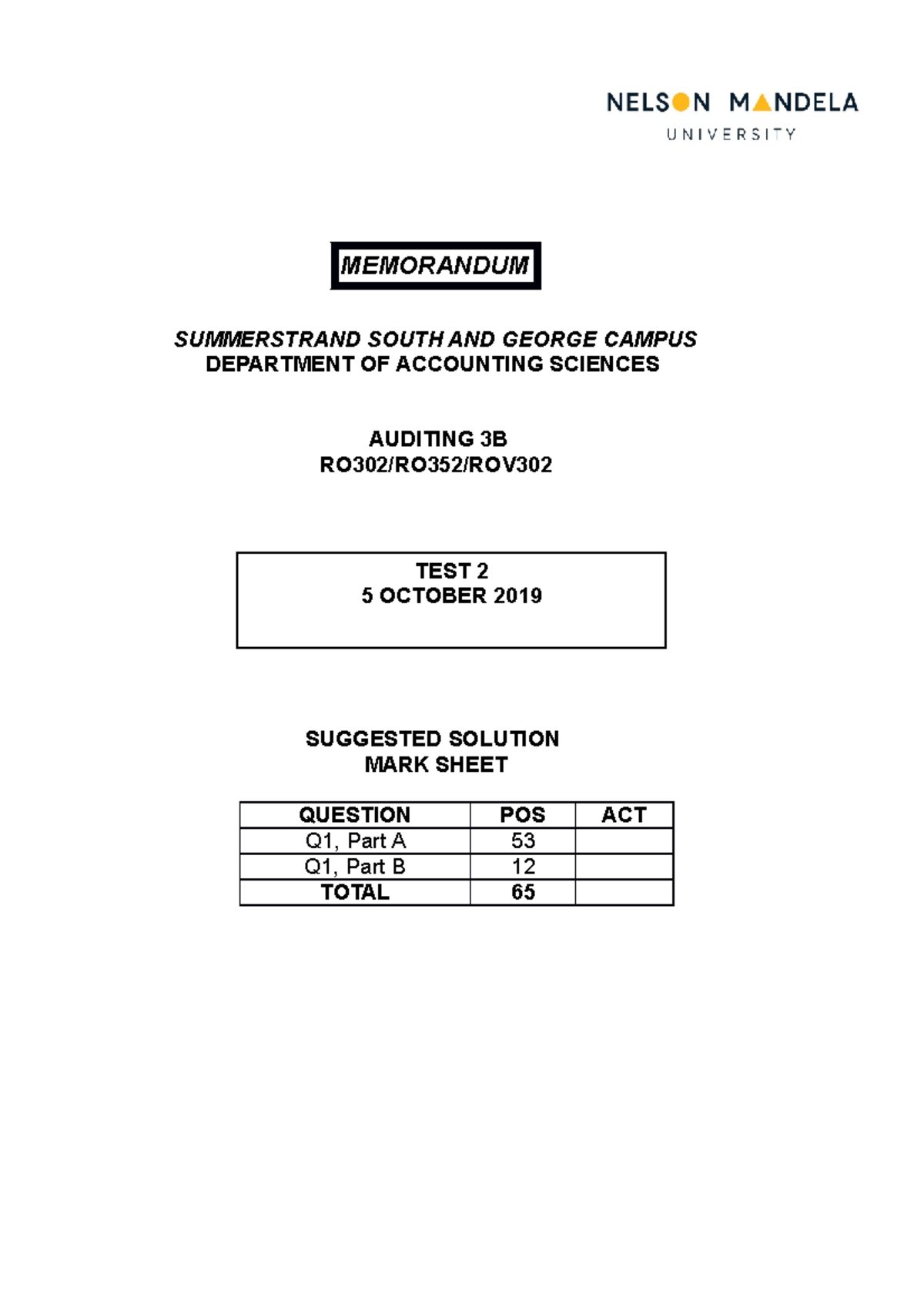 Auditing 3B 2019 ROV302 Test 2 Solution - R302 - Mandela - Studocu