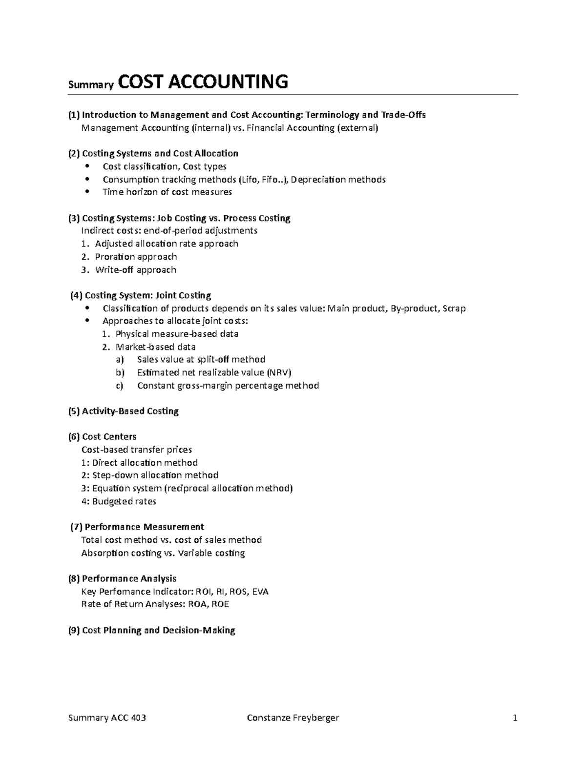 Summary ACC 403 - Zusammenfassung Cost Accounting - Summary COST ...