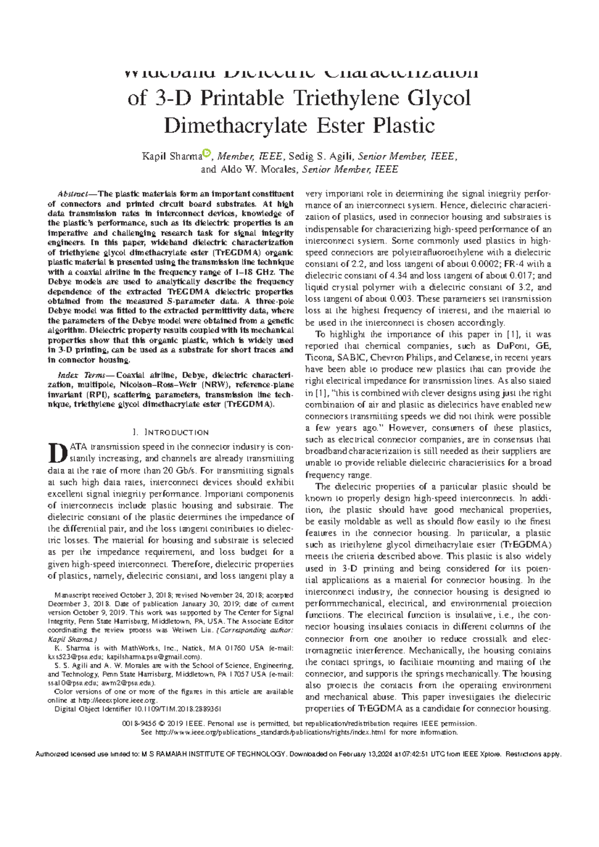 Wideband Dielectric Characterization of 3-D Printable Triethylene ...