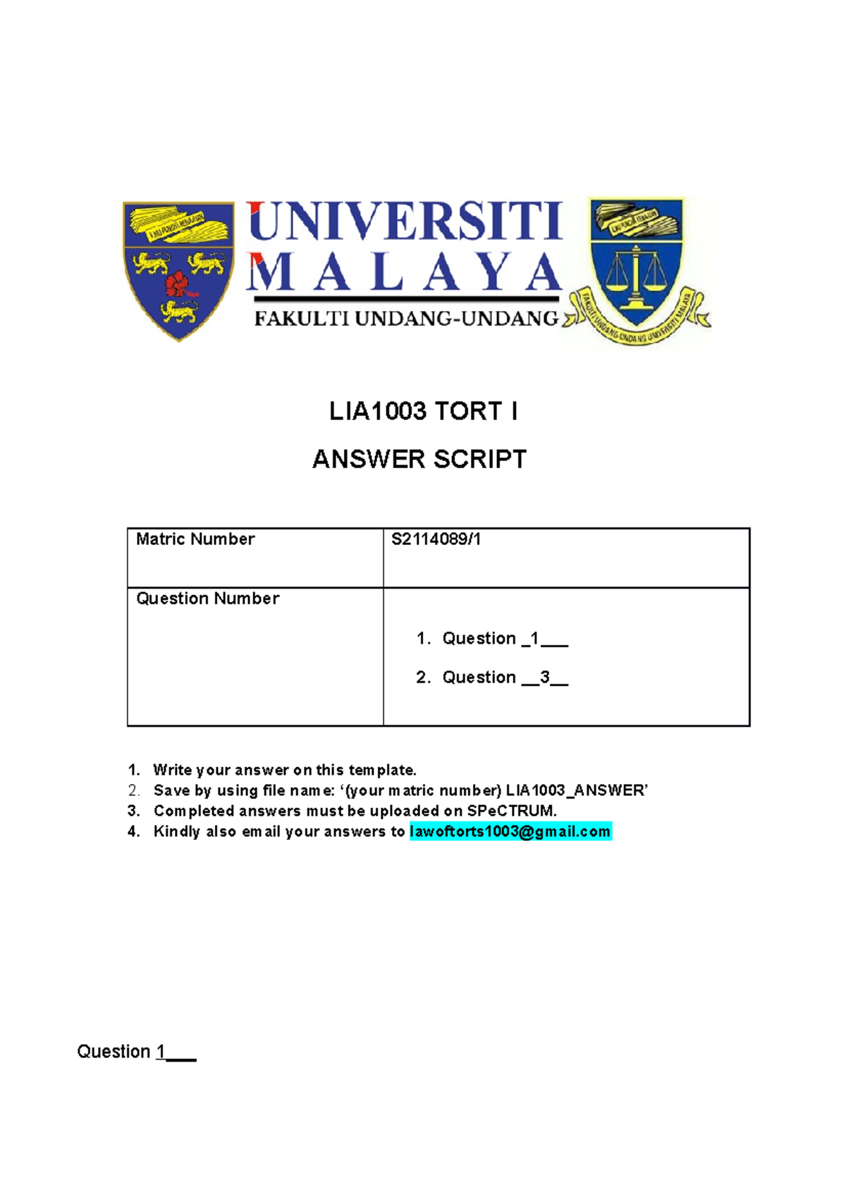 (S2114089) LIA1003 Answer Exam (2021) - LIA1003 TORT I ANSWER SCRIPT Matric Number S2114089 ...