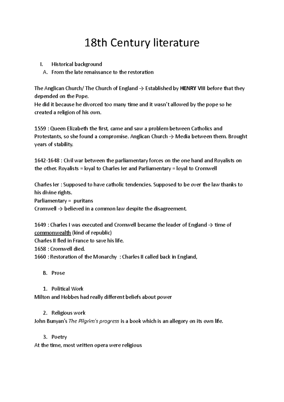 18th century - Notes de cours 1 - 18th Century literature I. Historical ...