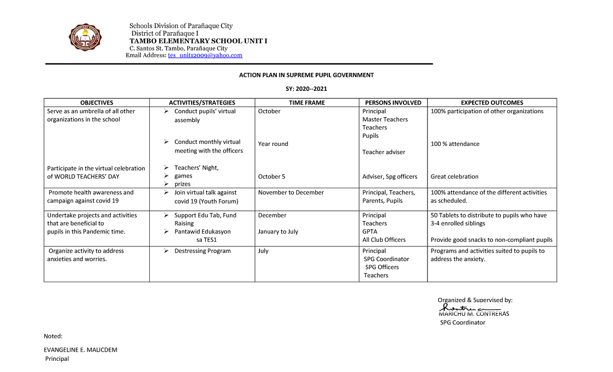 SPG- Action PLAN 2020-2021 - Schools Division of Parañaque City ...